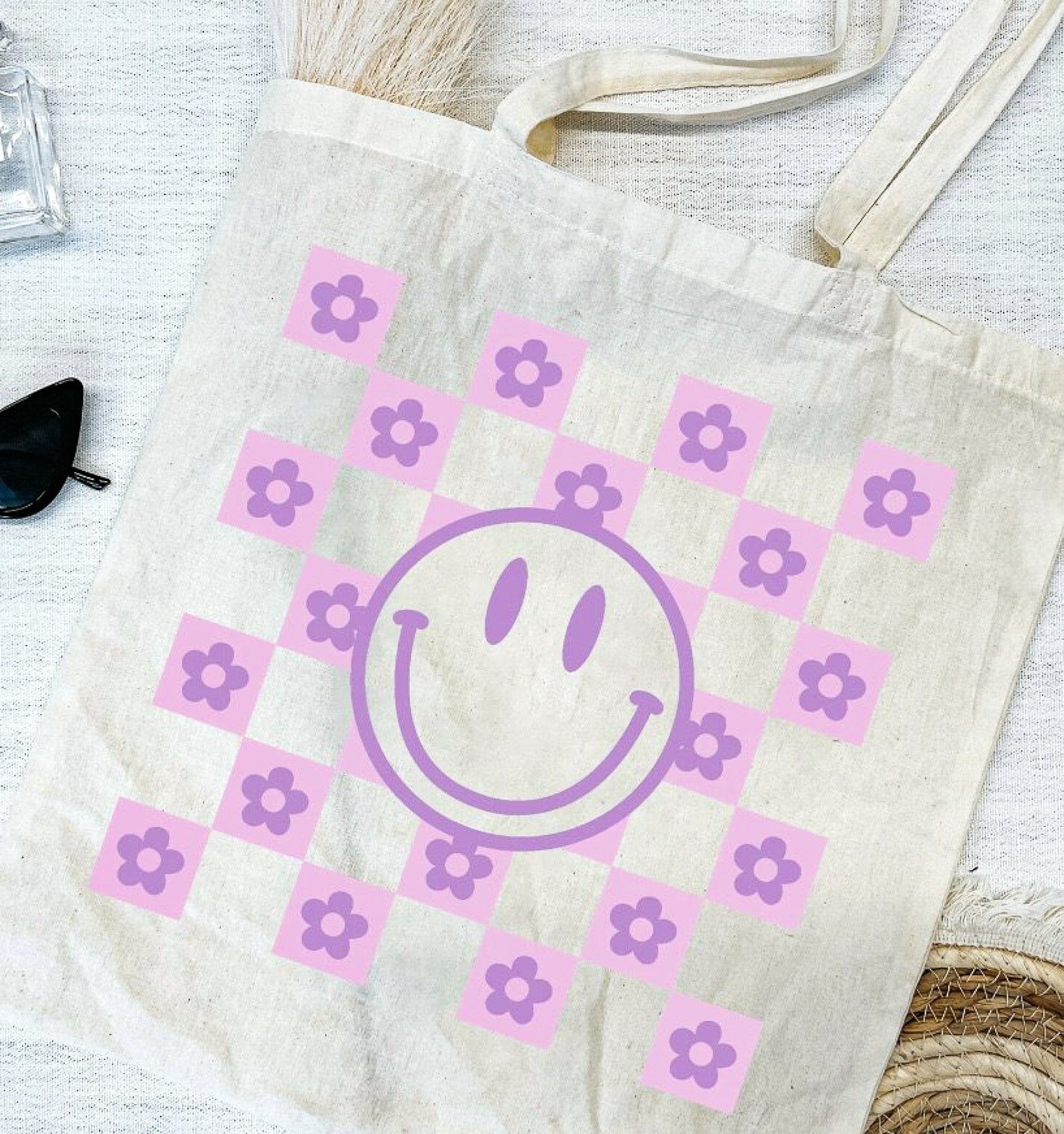 Smiley Face With Flower Checkers Tote Bag – Elle & Emmy