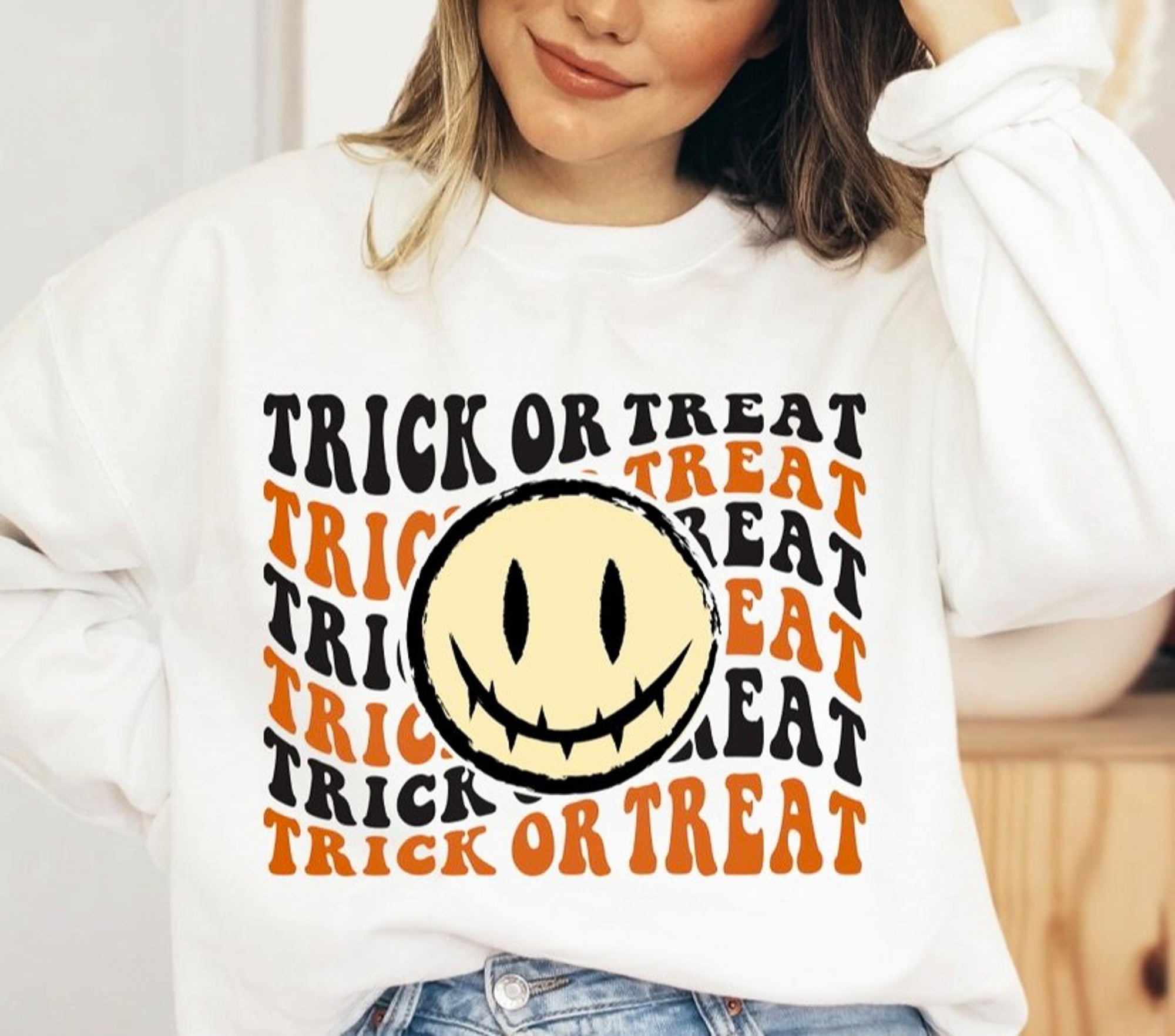 Trick Or Treat (Wavy Stacked) Spooky Smiley Face Crew Sweatshirt – Elle ...
